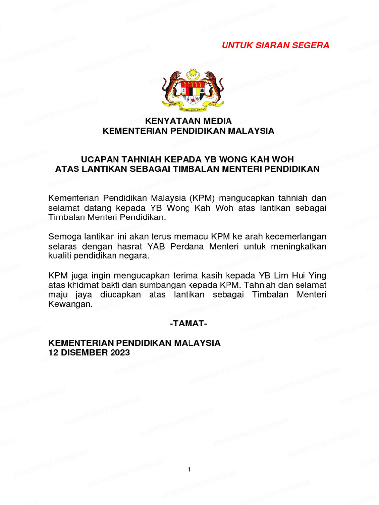 Km_kpm_ucapan Tahniah Kepada Yb Wong Kah Woh Atas Lantikan Sebagai ...