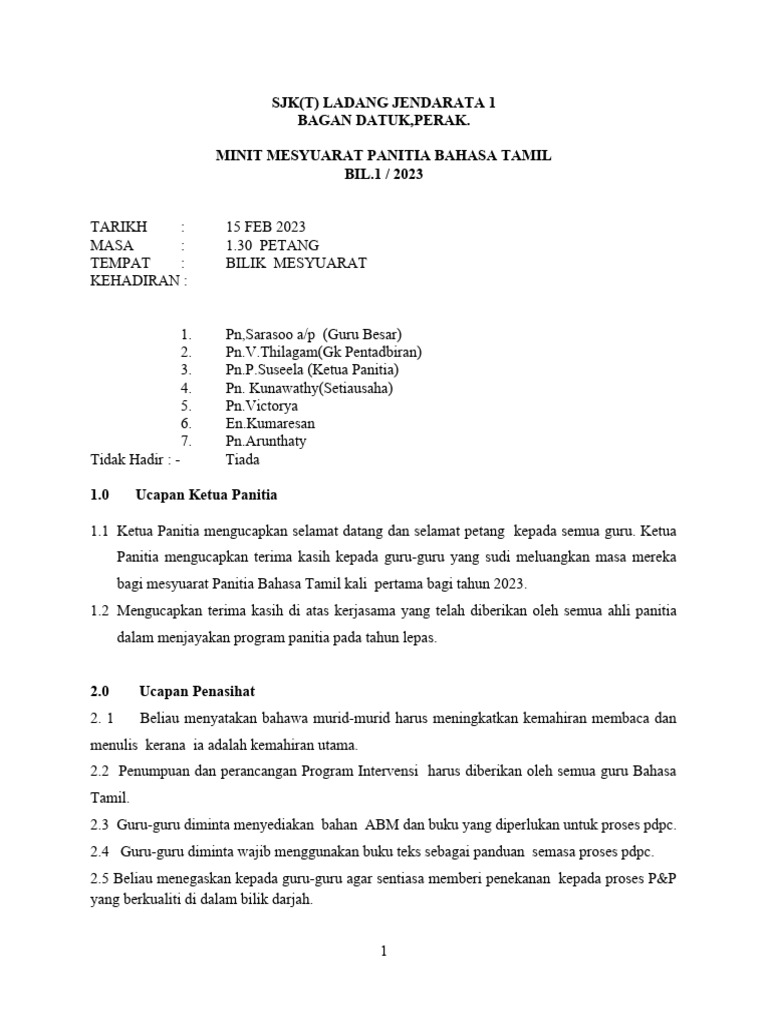 MINIT MESY PANITIA 1 2023 | PDF