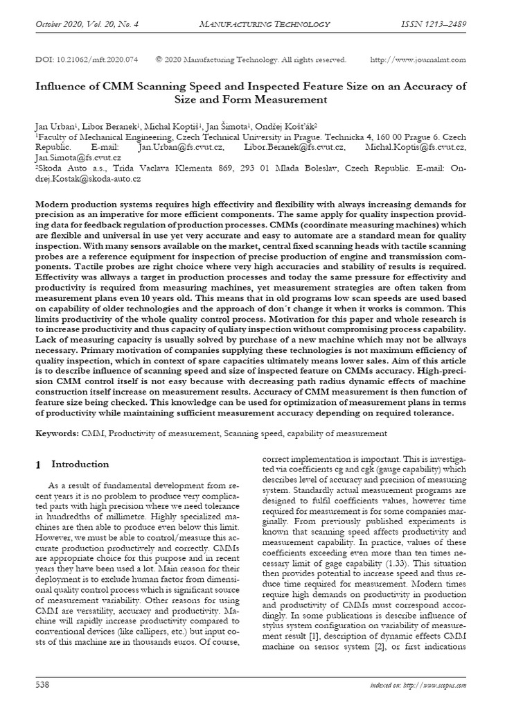 Influence of CMM Scanning Speed and | PDF | Engineering Tolerance | Accuracy And Precision