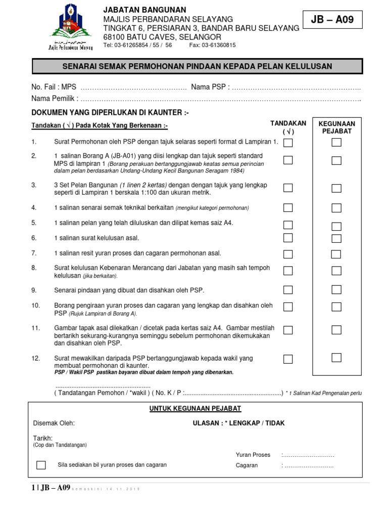 A09 - Senarai Semak Permohonan Pindaan Kepada Pelan Kelulusan | PDF