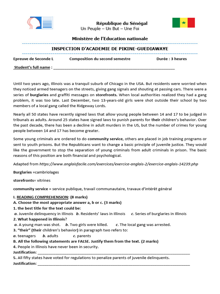 Epreuve Anglais Seconde L - Composition 2ND Semestre 20233 | PDF | Juvenile Delinquency | Violence