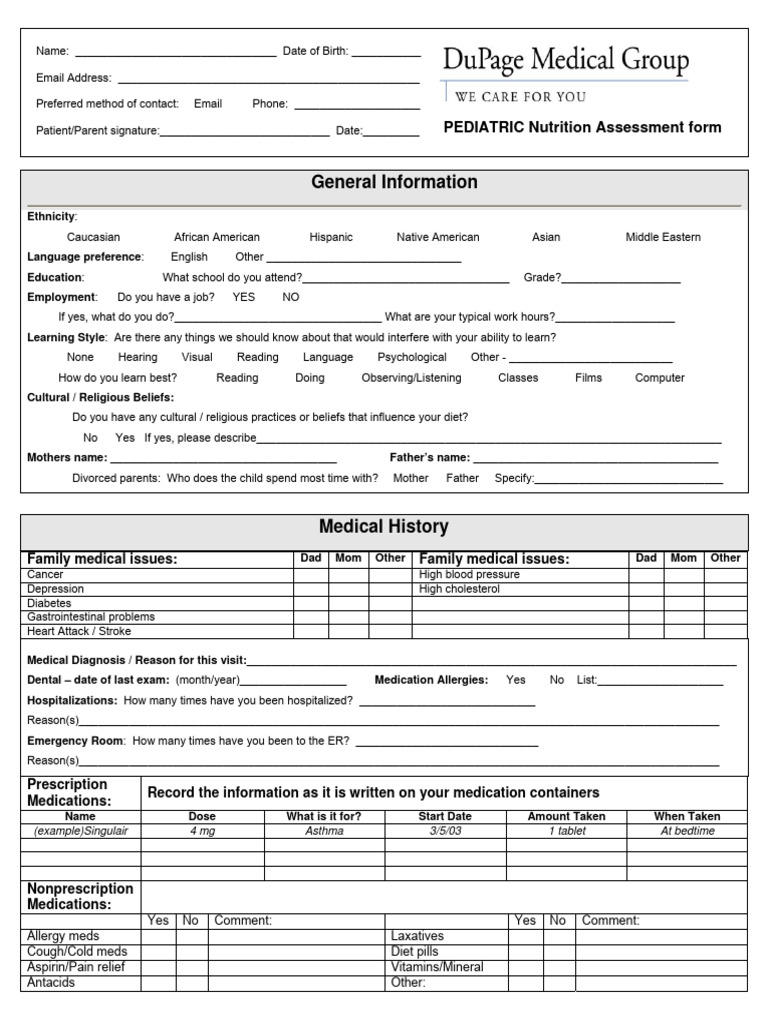 Pediatric Nutrition Assessment Form | PDF | Allergy | Aspirin