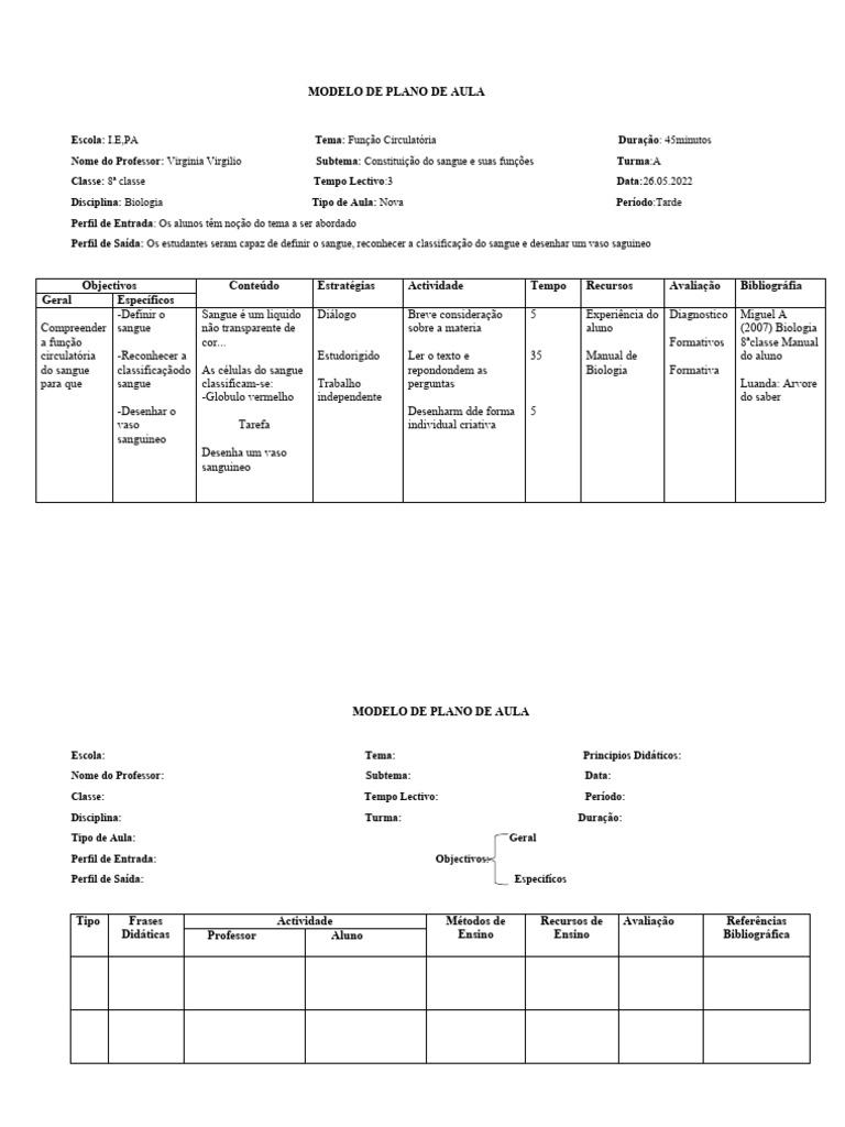 Modelo de Plano de Aula 2 | PDF
