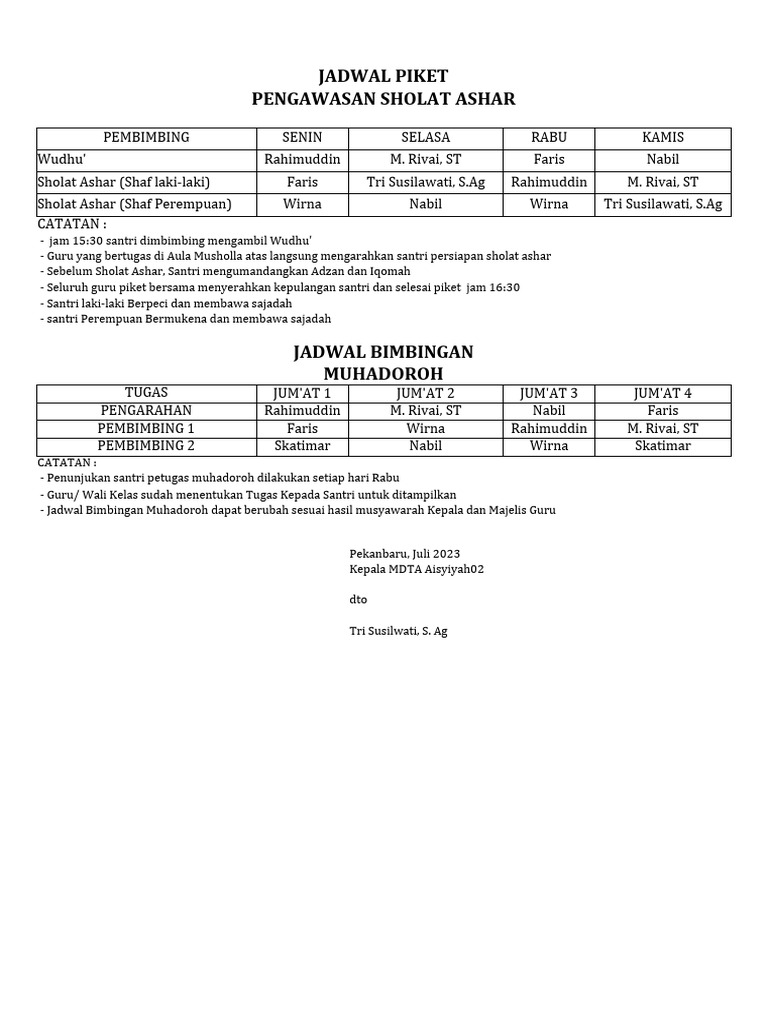 Jadwal Mengawas Sholat Ashar Dan Muhadoroh | PDF