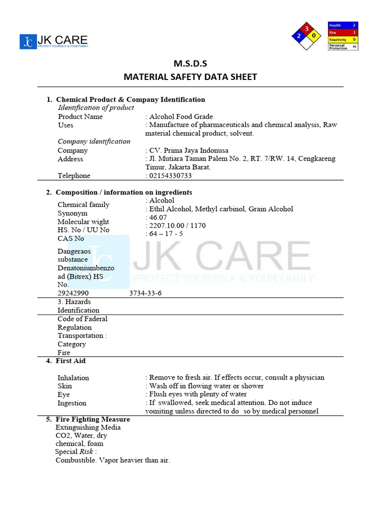 MSDS Alkohol 70% | PDF