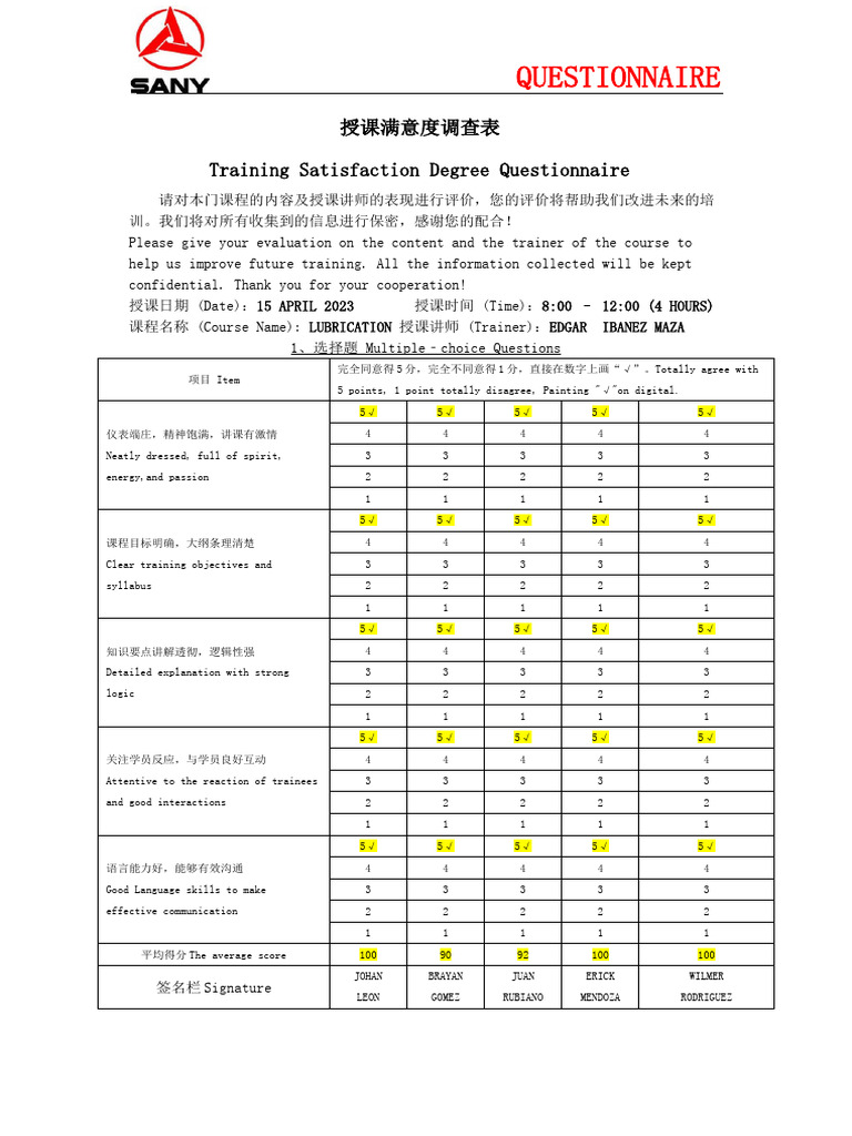 1 Training Satisfaction Degree Questionaire Pdf Human Communication