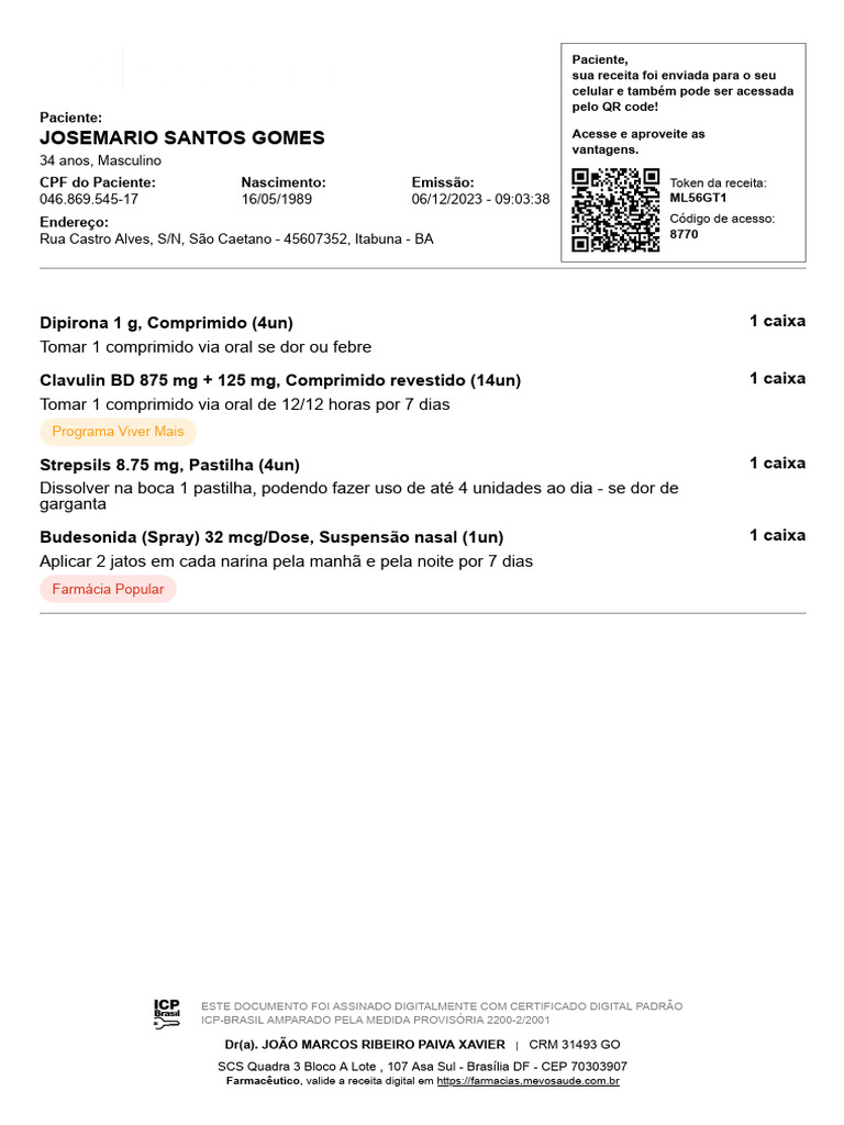 Josemario Santos Gomes: Dipirona 1 G, Comprimido (4un) 1 Caixa | PDF