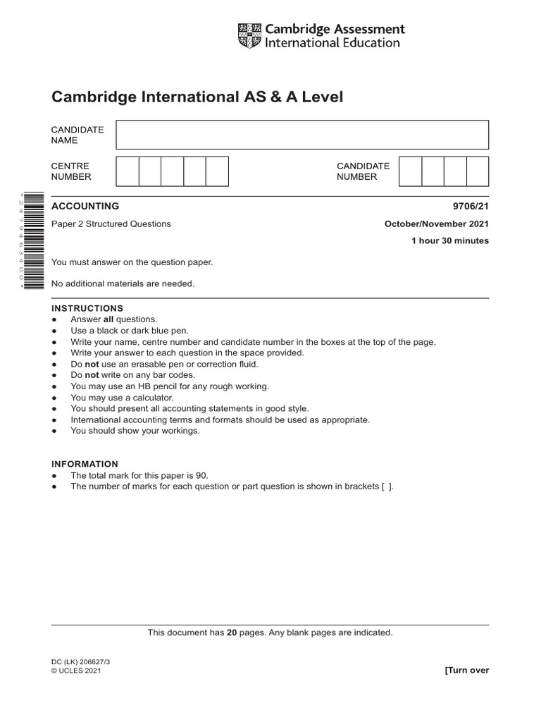 Cambridge International AS & A Level: ACCOUNTING 9706/21 | PDF