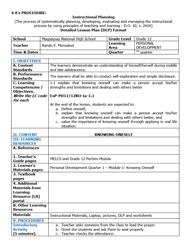 DLP For PerDev Q1 Lesson 1 | PDF