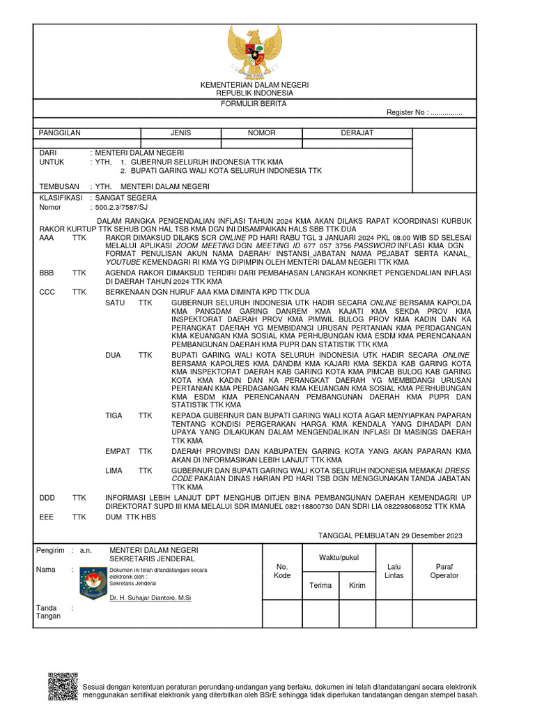 RDG Rakor Pengendalian Inflasi 030124 | PDF