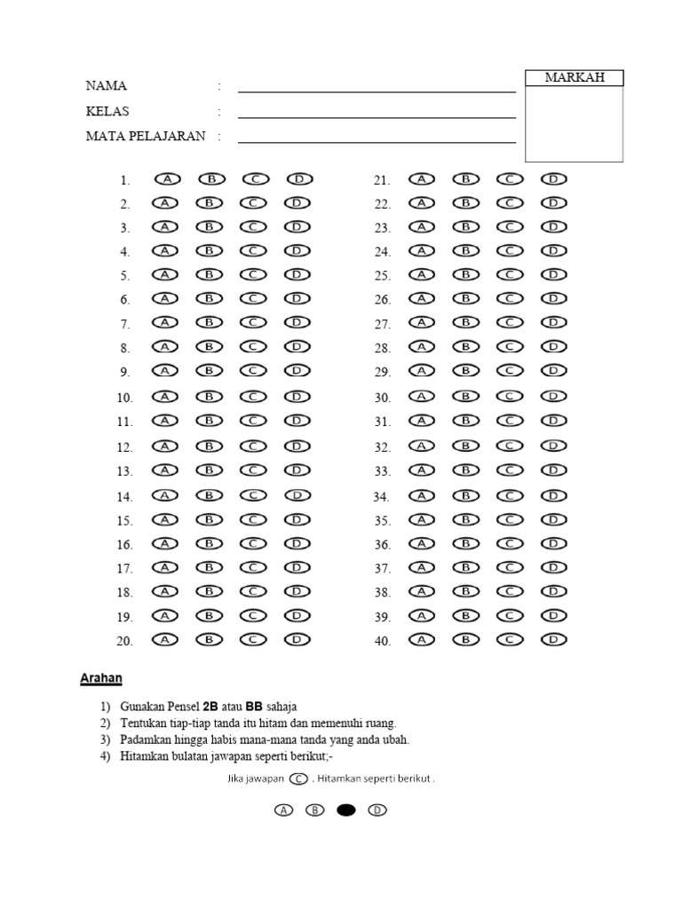Borang Jawapan Objektif 40 Soalan | PDF