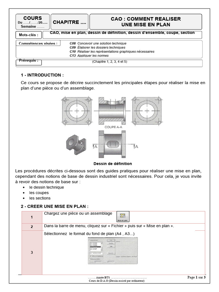 Chapitre 6 - Séance 1 MI 1 - CAO - Comment Réaliser Une Mise en Plan - Doc Prof | PDF