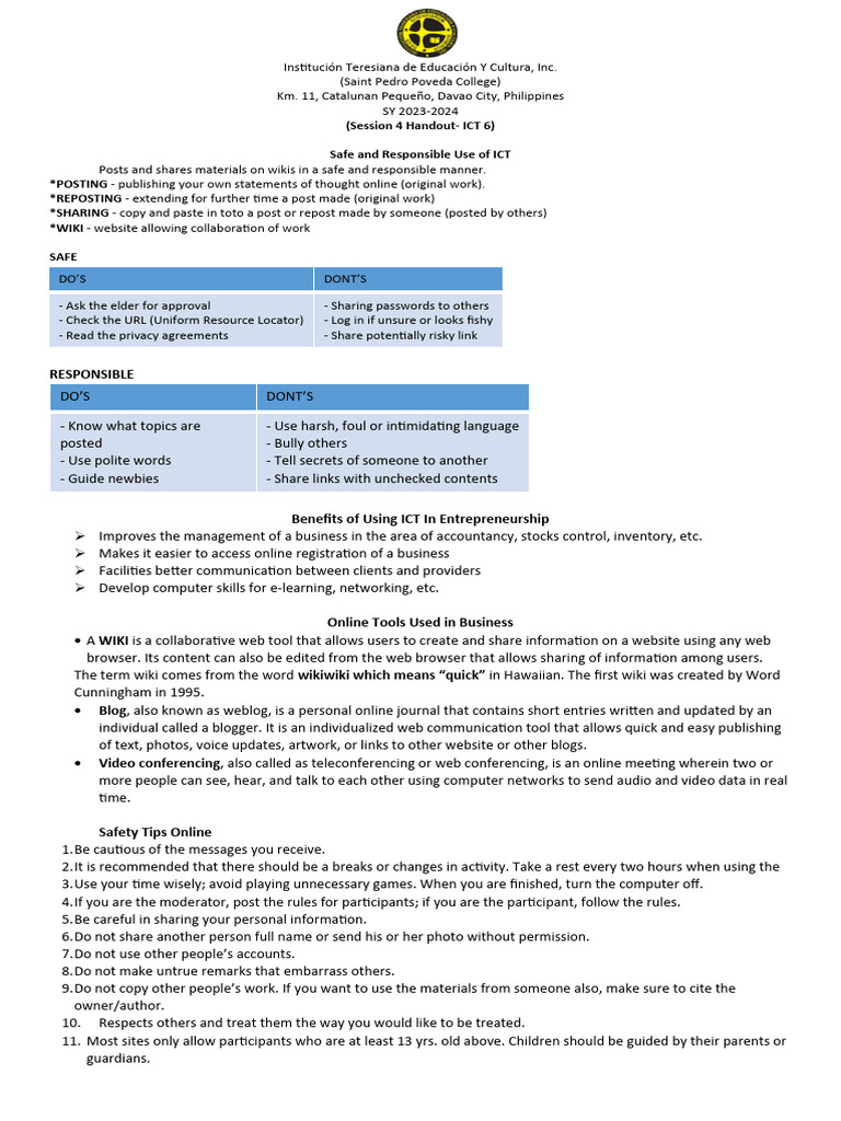 Handout-ICT Grade 6 | PDF | Computers