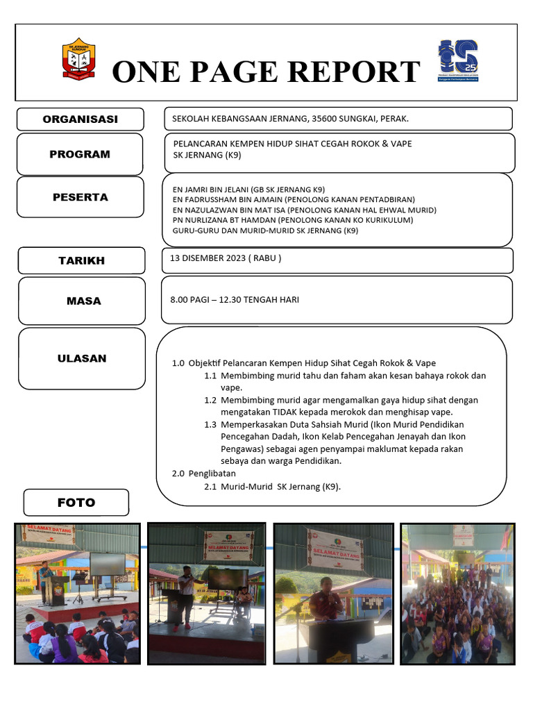 One Page Report Pelancaran Kempen Hidup Sihat Cegah Rokok & Vape | PDF