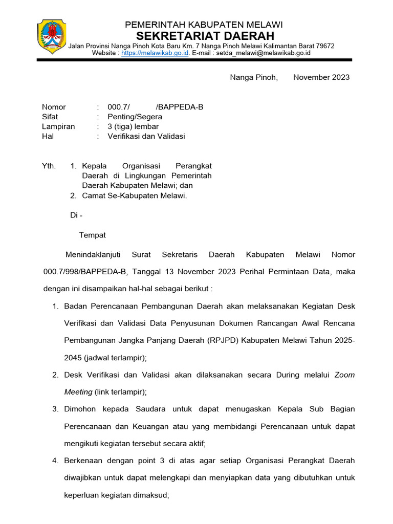 Undangan Verifikasi Dan Validasi Penyusunan Dok Ranwal RPJPD Kab Melawi Tahun 2025-2045 | PDF