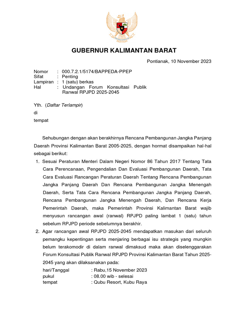 Undangan Forum Konsultasi RPJPD Kalbar | PDF