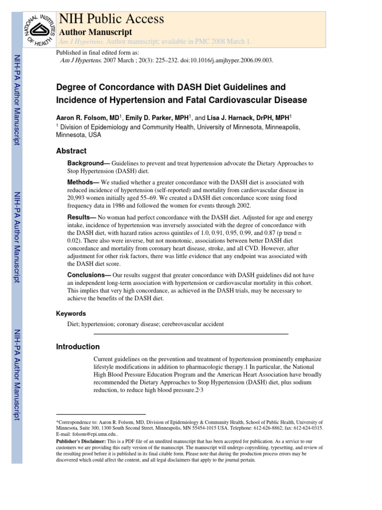 Degree of Concordance With DASH Diet Guidelines and Incidence of Hypertension and Fatal ...