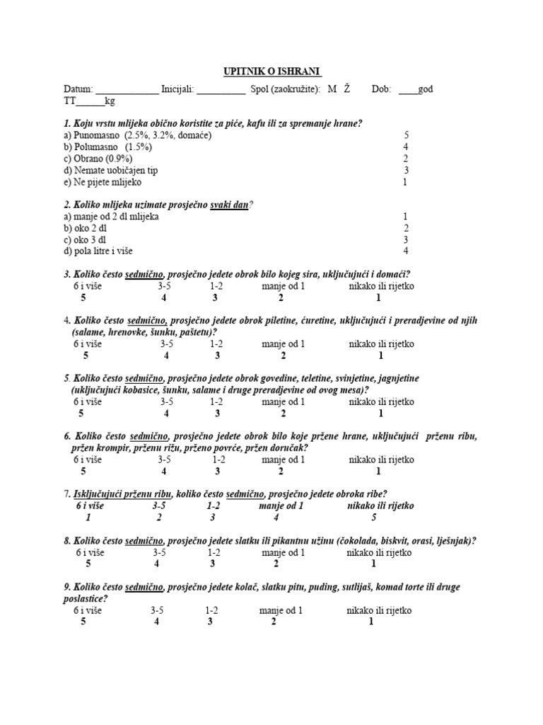 Upitnik o Ishrani | PDF