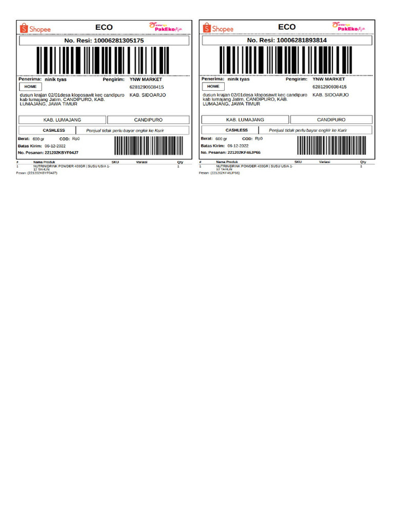 Resi Shopee - 02122022 | PDF