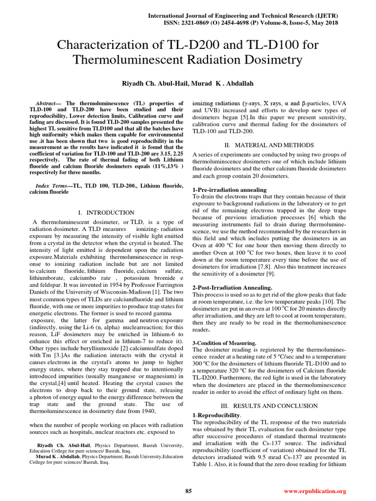 Characterization of TL-D200 and TL-D100 For Radiation Dosimetry | Download Free PDF | Chemistry ...