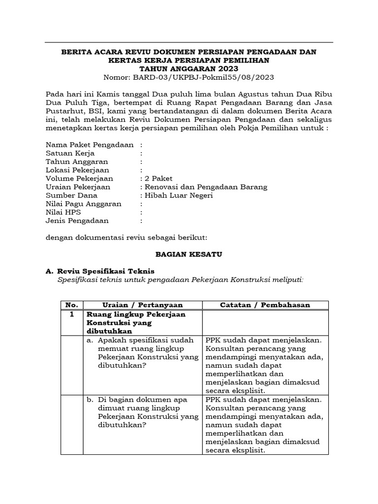 Berita Acara Reviu Pengadaan 2023 | PDF
