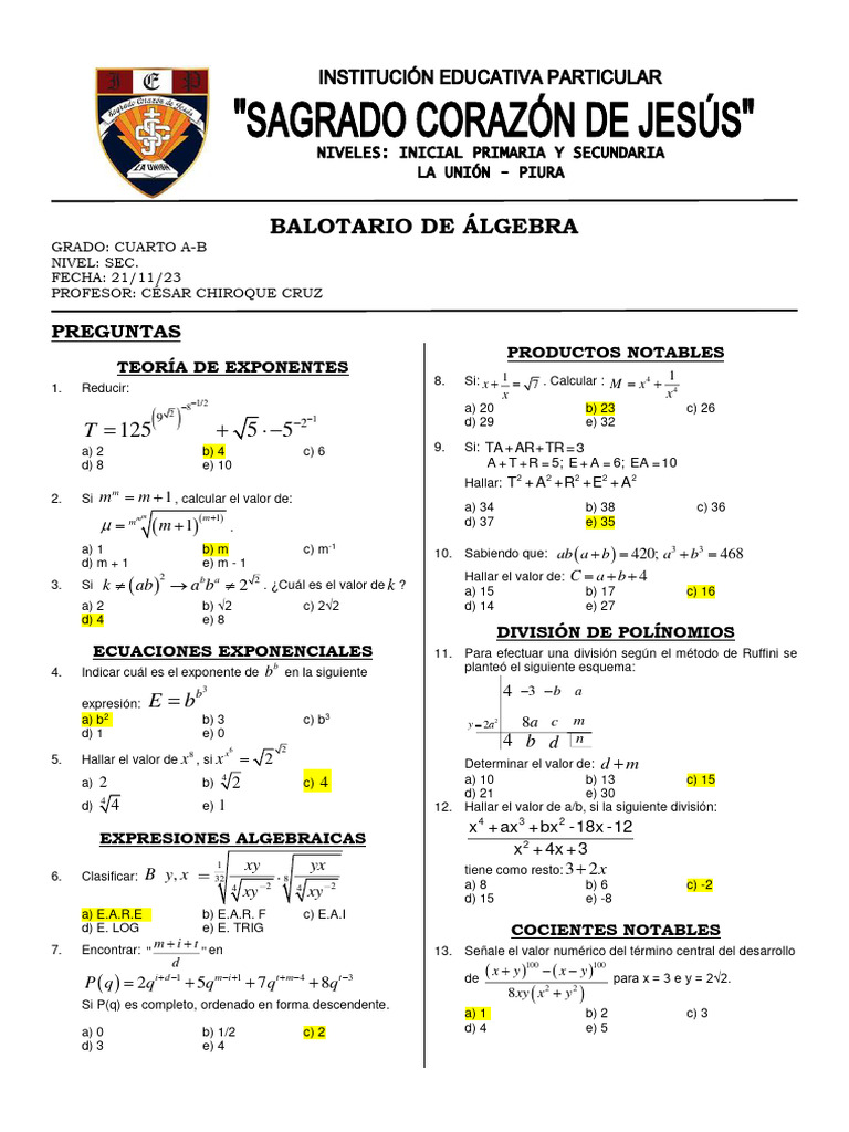 Balotario 4to Álg | PDF