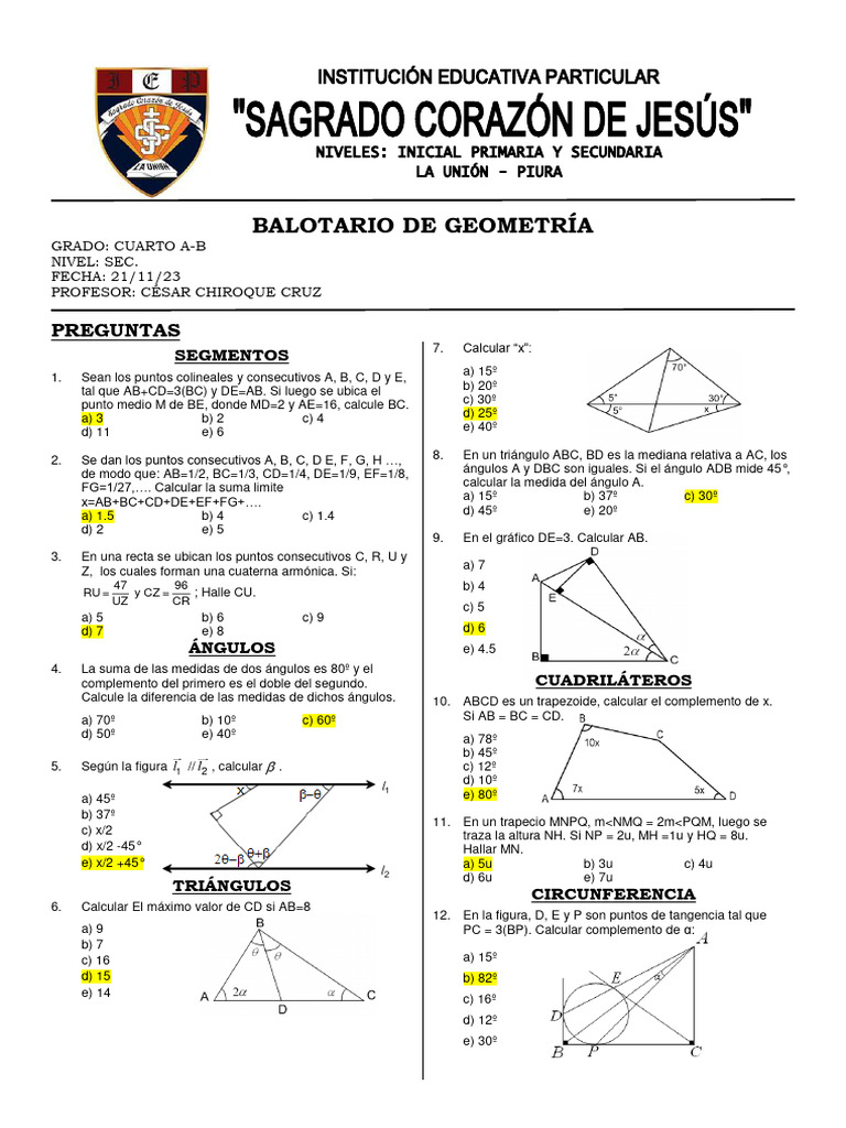 Balotario 4to Geo | PDF | Geometría del plano euclidiano | Matemática Elemental