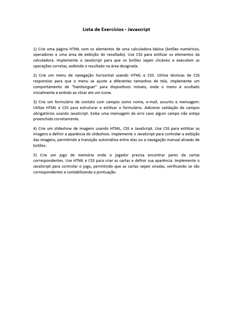 Lista de Exercícios - Javascript | PDF