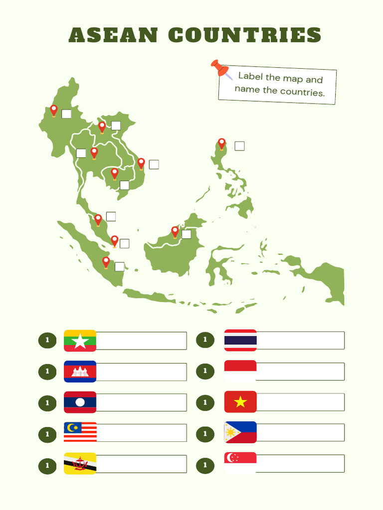 ASEAN Countries Worksheet in Red Green Hand-Drawn Style | PDF