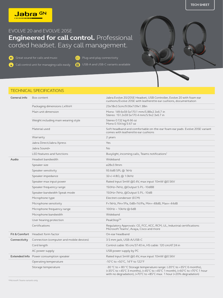 Jabra Evolve 20 Tech Sheet A4 140920 Web | PDF | Headphones | Microphone