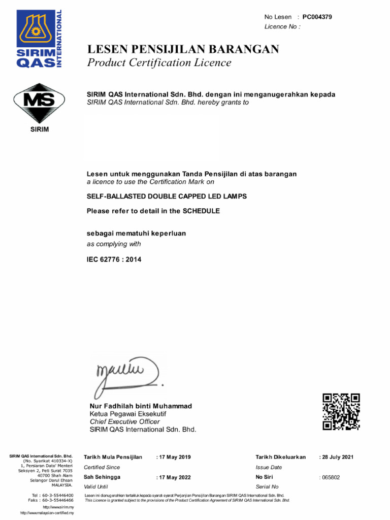 Lumitec Sirim Licence PC004379 Exp 220517 | PDF