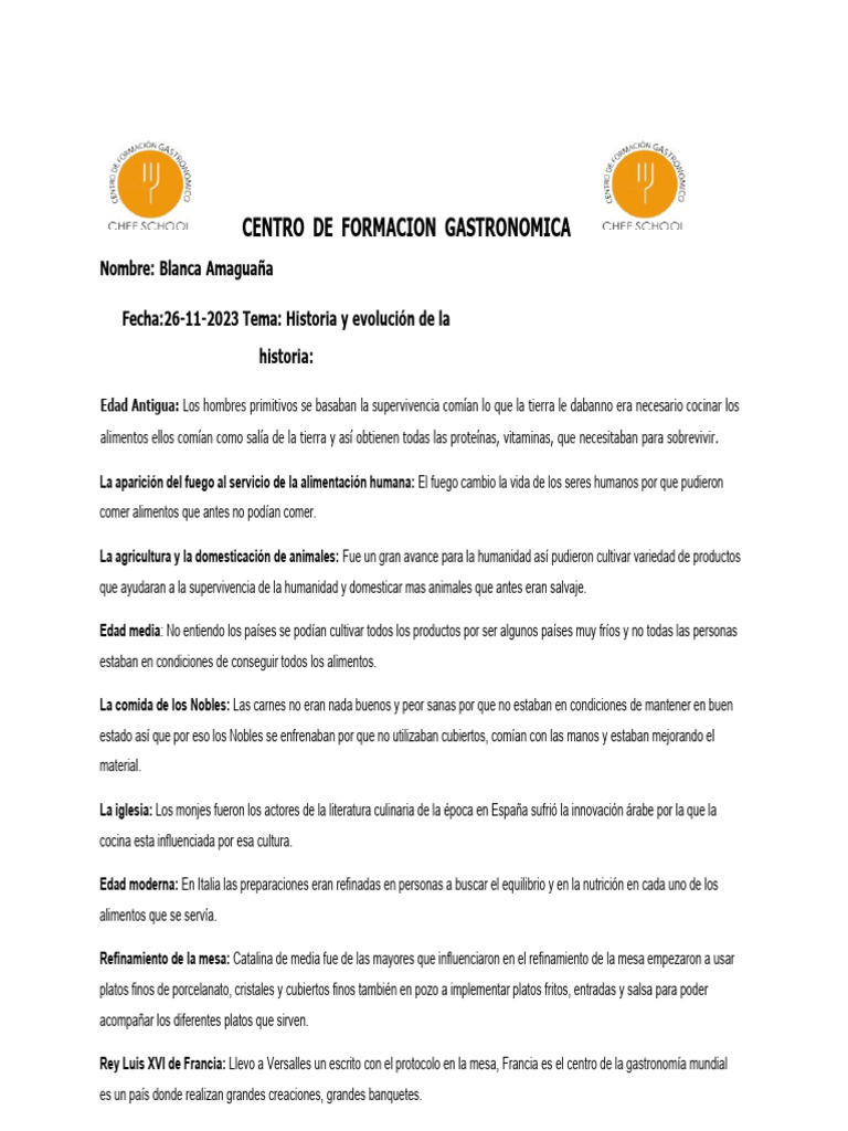 CENTRO DE FORMACION GASTRONOMICA N 1 Deber 5 | PDF