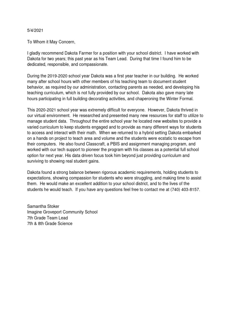 Farmer Reference Letter Samantha Stoker | PDF