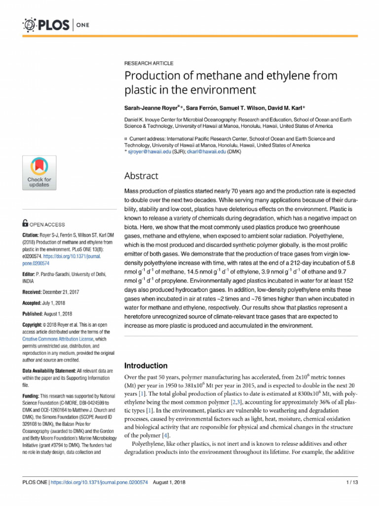 Production of Methane and Ethylene From Plastic in The Environment | PDF