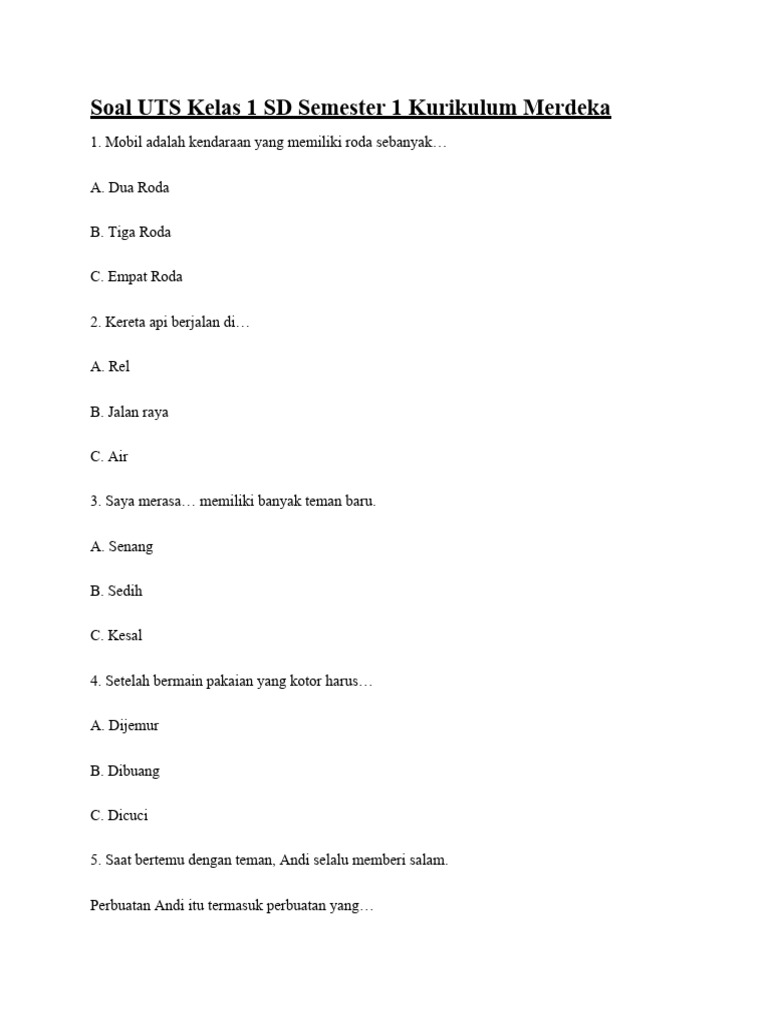 Soal UTS Kelas 1 SD Semester 1 Kurikulum Merdeka | PDF Soal UTS Kelas 1 SD Semester 1 Kurikulum Merdeka | PDF