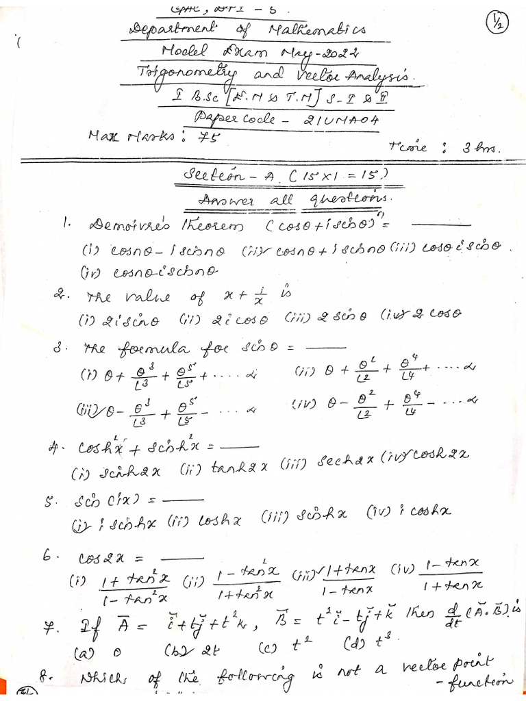 21UMA04 Trigonometry & Vector Analysis 2nd Semester | PDF