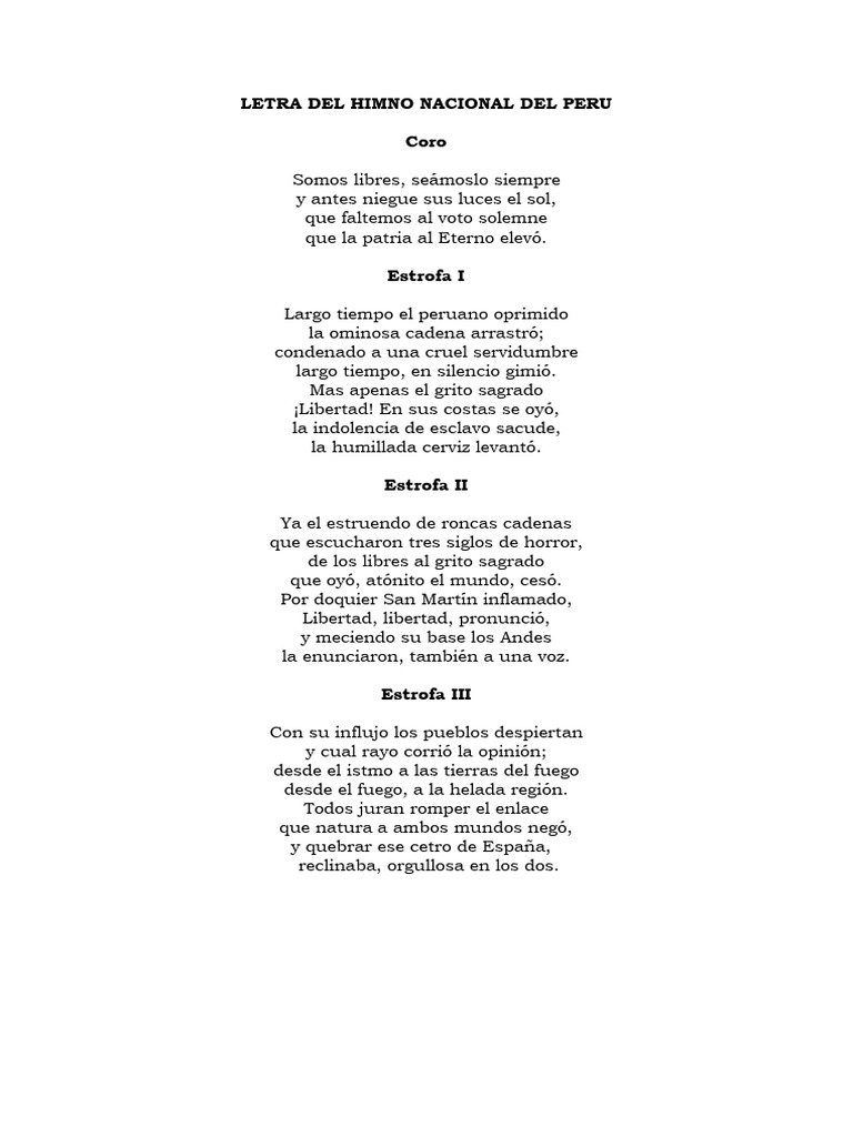 Letra Del Himno Nacional Del Peru 1 | PDF