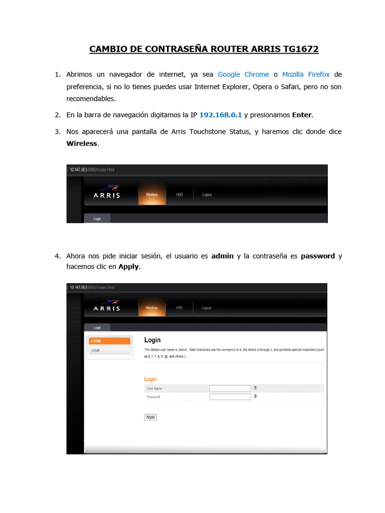 ARRIS TG1672 Manual para Cambio de Contraseña Router | PDF