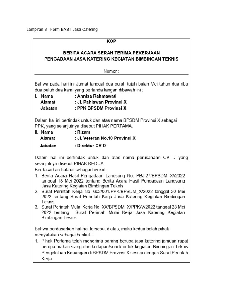 Berita Acara Serah Terima Jasa Katering | PDF