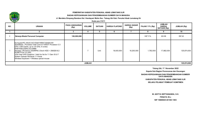 HPS BKPSDM Belanja Modal Personal Computer | PDF