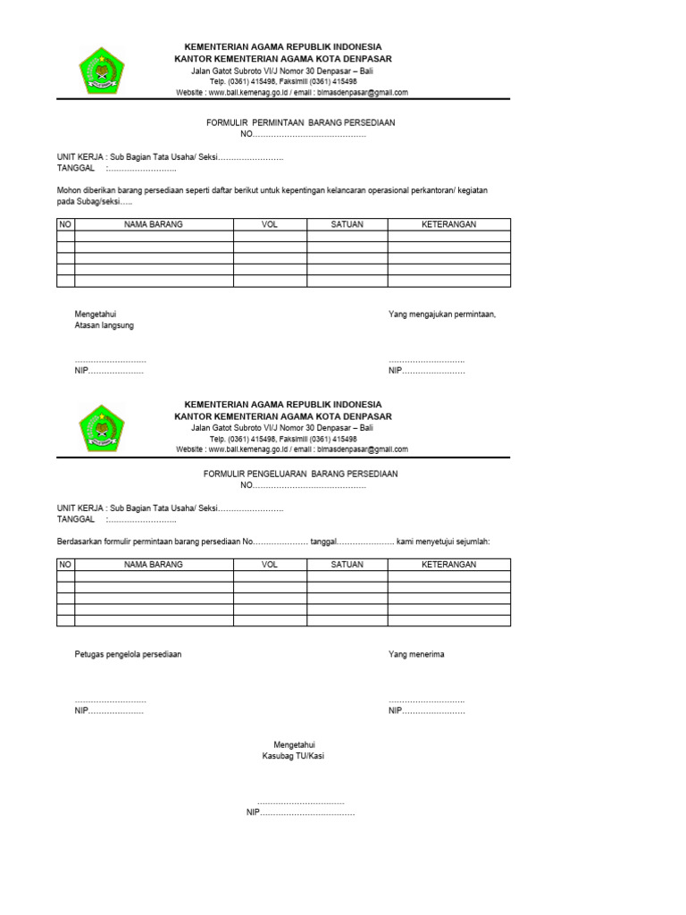 Contoh Bon Permintaan Barang Kemenag | PDF
