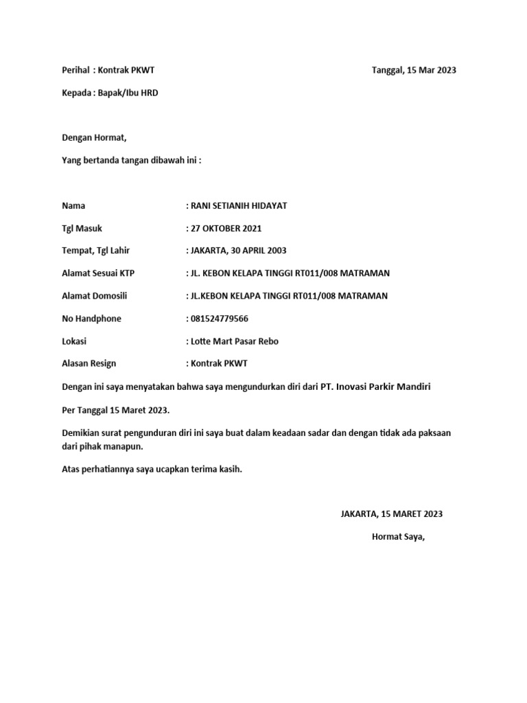 Surat Lamaran Rani Setianih Hidayat - PKWT | PDF