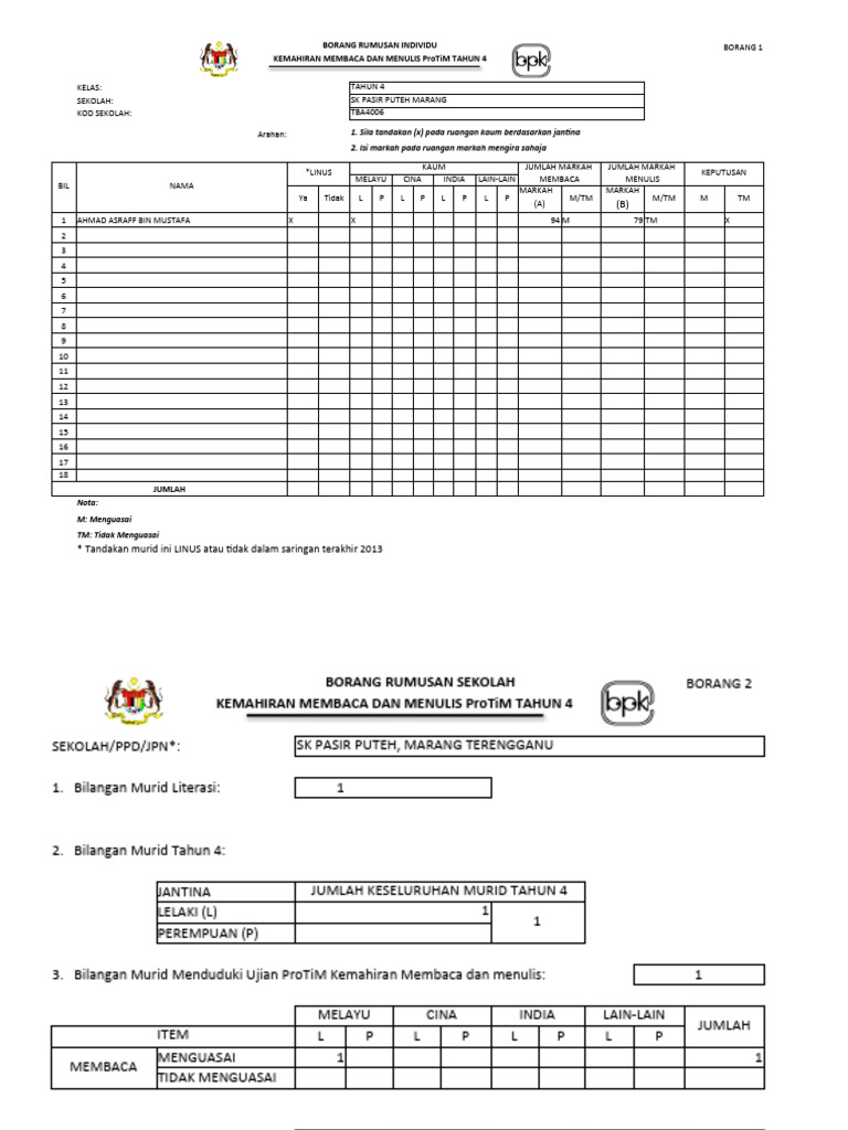 Borang Rumusan ProTiM Tahun 4 Baca Tulis 2013 | PDF