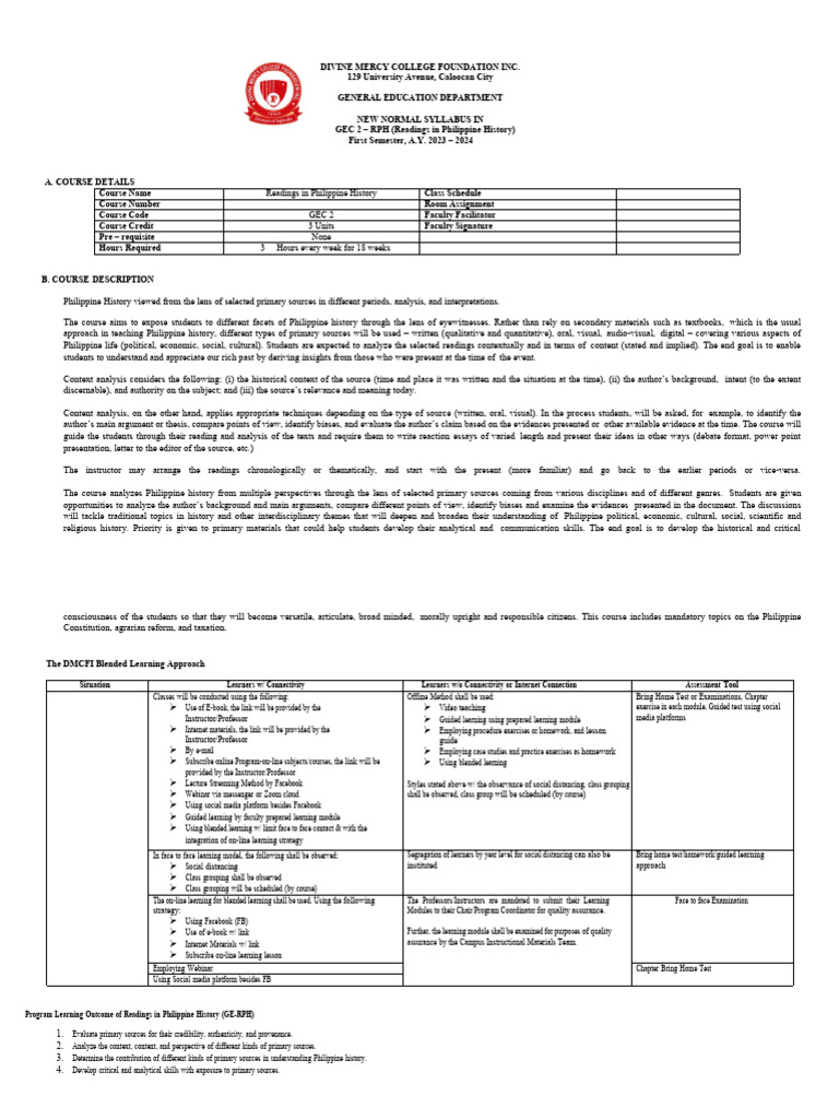 Reading in Philippine History Course Syllabus | PDF | Educational Technology | Learning