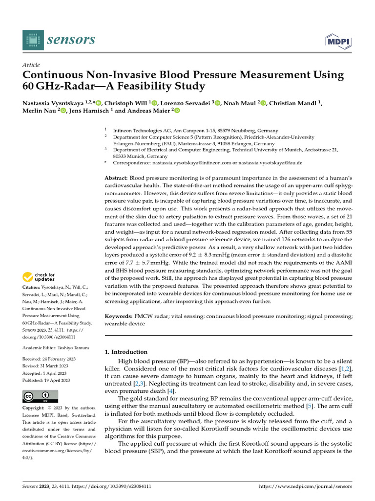 Continuous Non-Invasive Blood Pressure Measurement Using 60 GHz-Radar—A ...