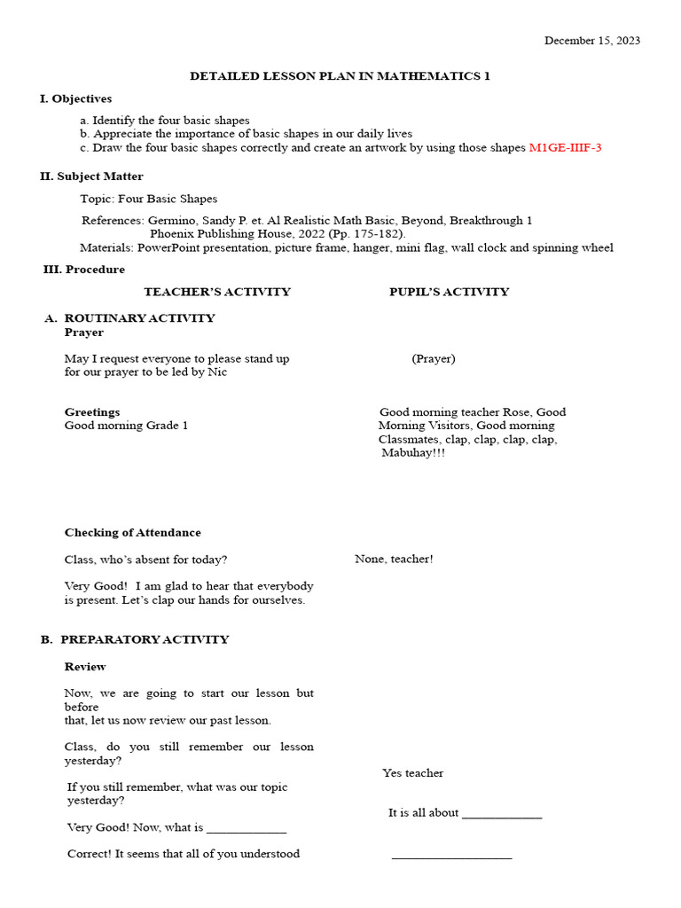 Grade 1 Lesson Plan: Basic Shapes | PDF | Language Arts & Discipline