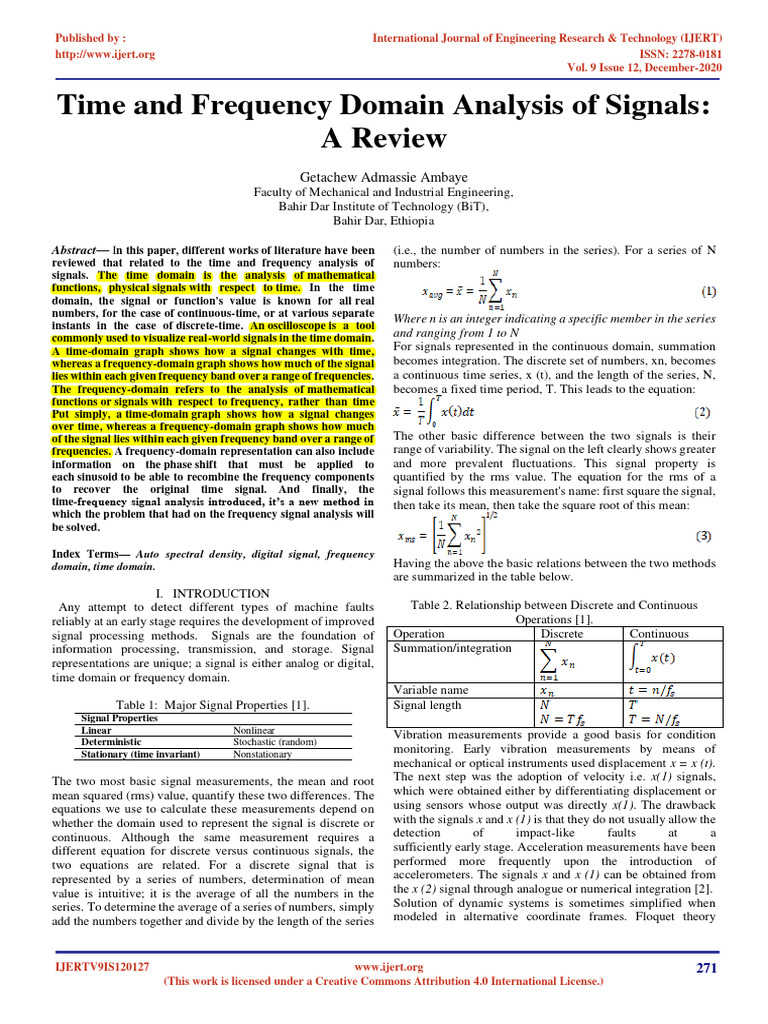 Time and Frequency Domain Analysis of Signals A Review IJERTV9IS120127 | PDF | Stationary ...