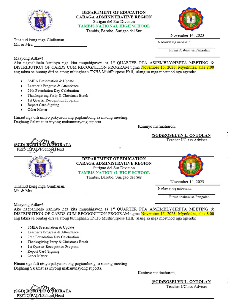Communication Letter For 2nd HRPTA Meeting | PDF