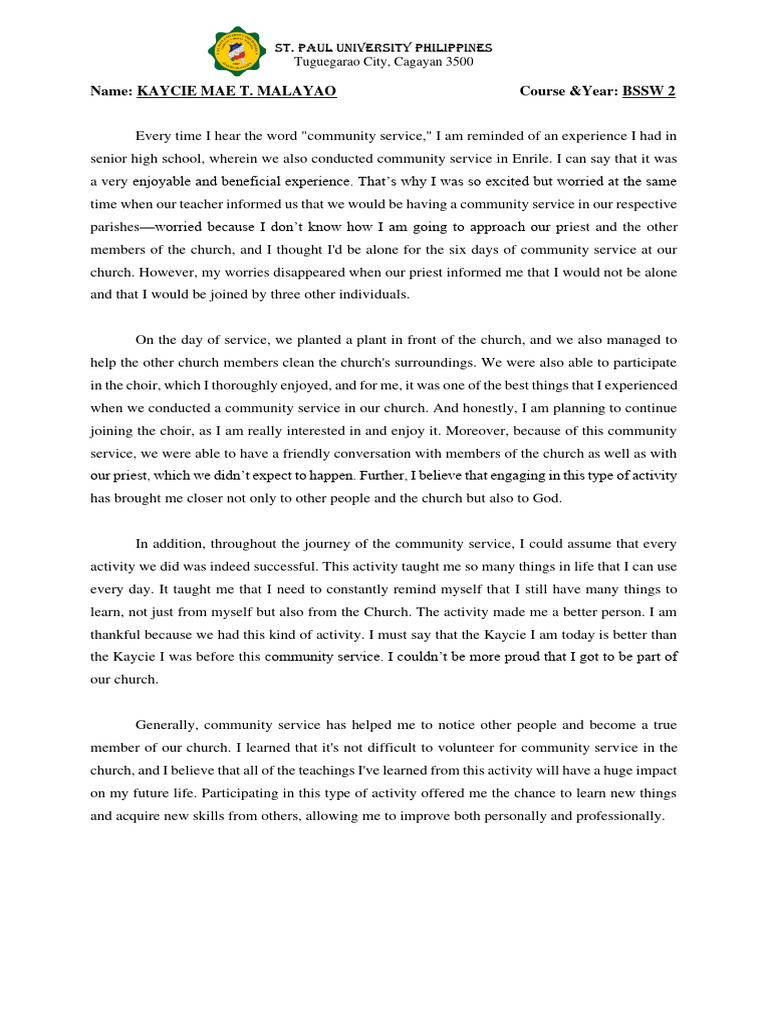 Community Service Experience Reflection | PDF