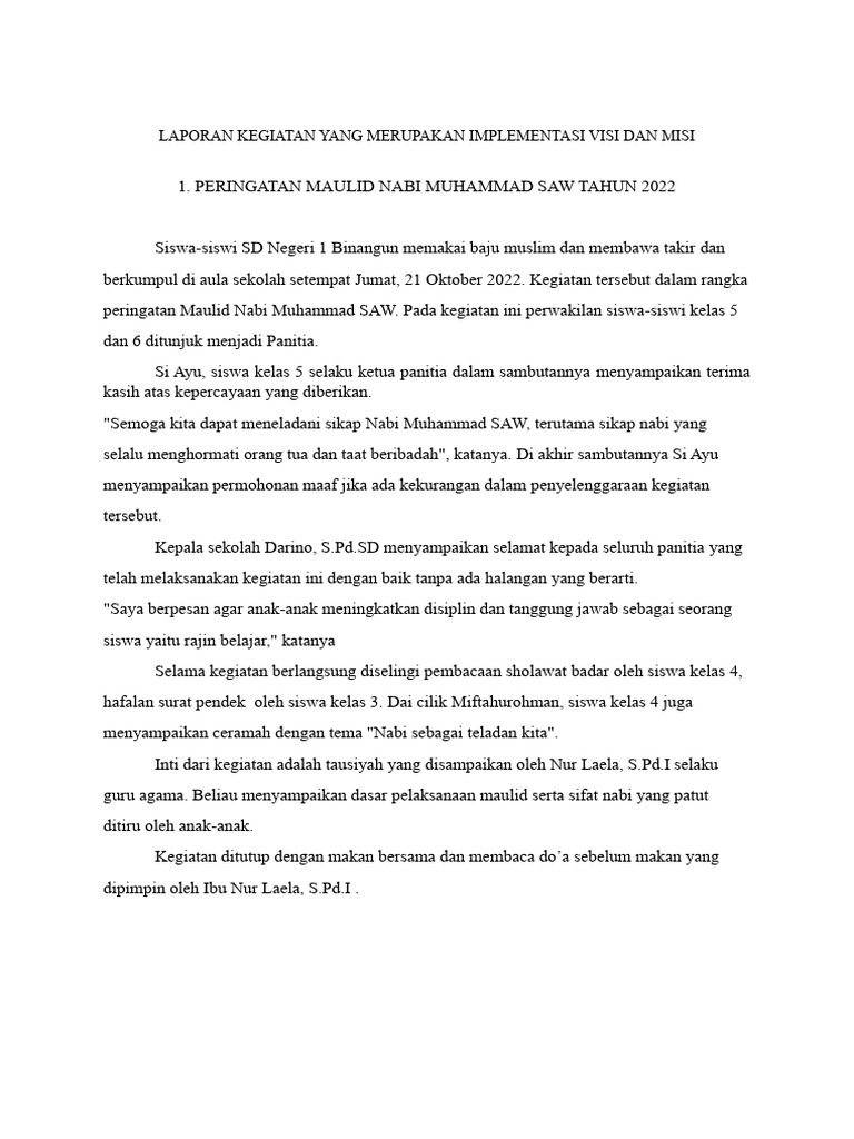 Laporan Kegiatan Implementasi Visi Dan Misi | PDF